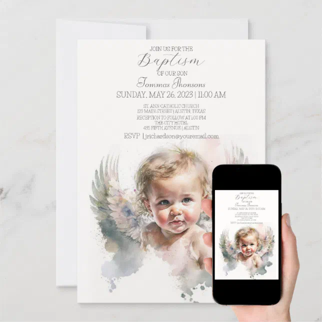 Watercolor cute Angel Baby Baptism Invitation | Zazzle