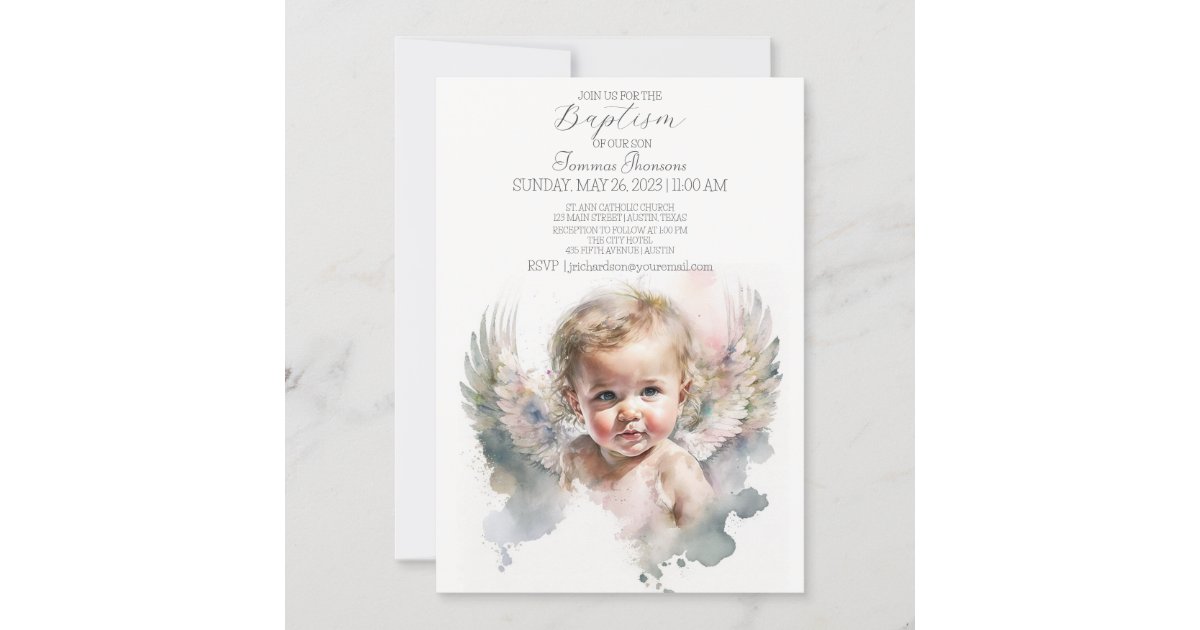 Watercolor cute Angel Baby Baptism Invitation | Zazzle