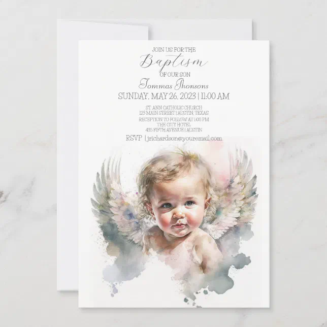 Watercolor cute Angel Baby Baptism Invitation | Zazzle