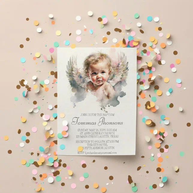 Watercolor cute Angel Baby Baptism Invitation | Zazzle