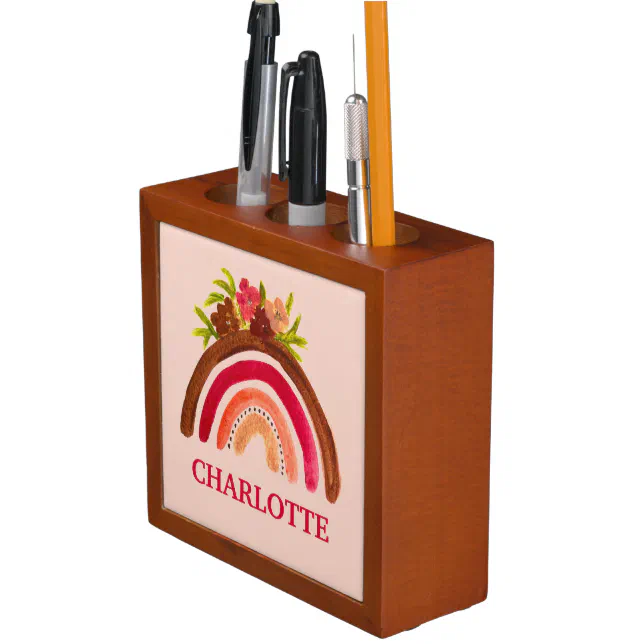 Watercolor Cute Boho Pastel Floral Modern Rainbow Desk Organizer | Zazzle