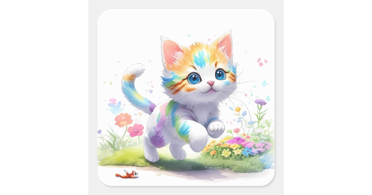 Watercolor Cute cat Square Sticker | Zazzle