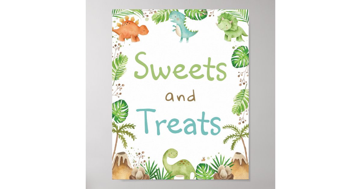 Watercolor Cute Dinosaurs Greenery Sweets & Treats Poster | Zazzle