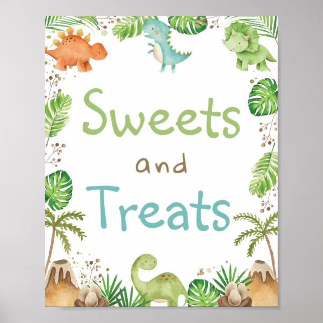 Watercolor Cute Dinosaurs Greenery Sweets & Treats Poster | Zazzle
