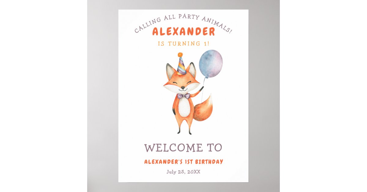 Watercolor Cute Fox 1st Birthday Poster | Zazzle