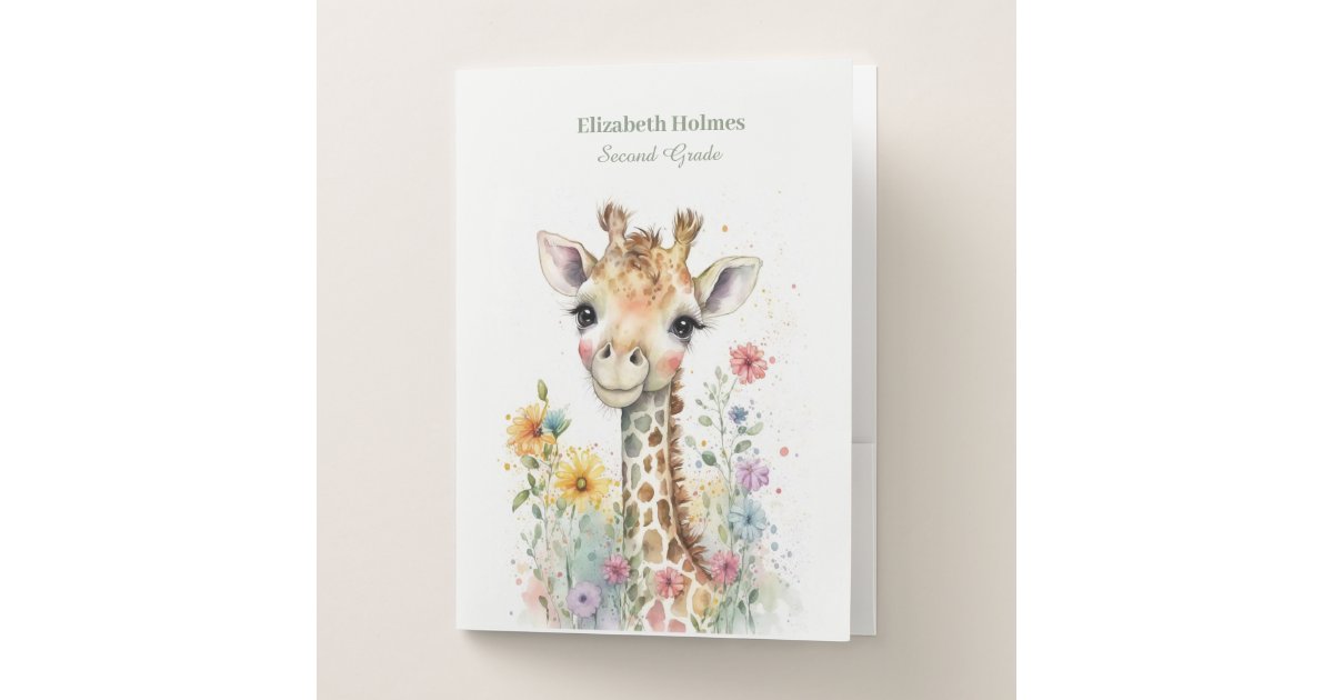 Watercolor Cute Giraffe with Wildflowers Pocket Folder | Zazzle