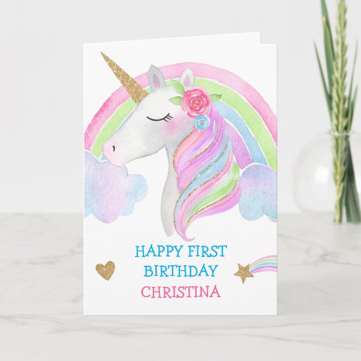 Watercolor Cute Unicorn Personalized Girl Birthday Card | Zazzle