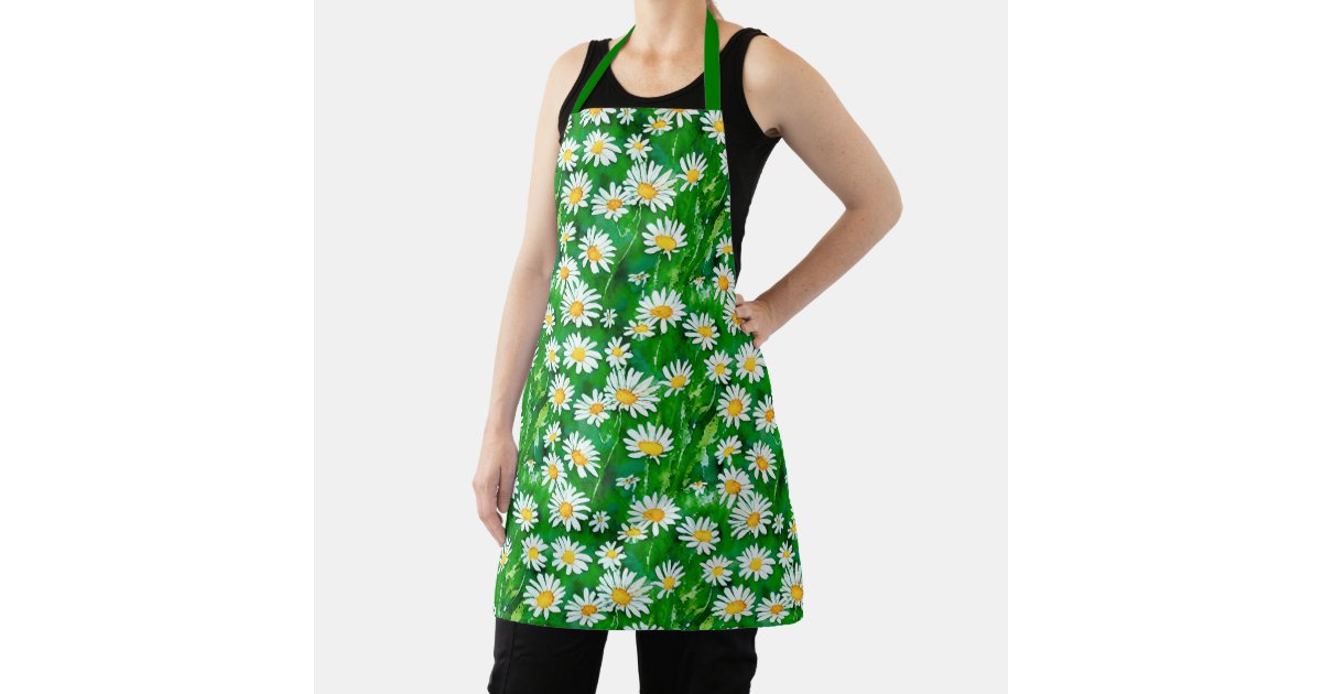 Watercolor Daisies in a Green Field Apron | Zazzle