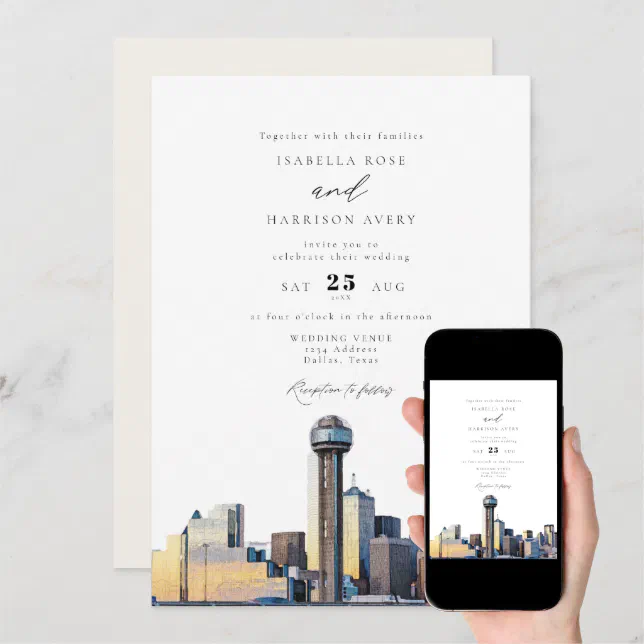 Watercolor Dallas Texas Skyline Wedding Invitation | Zazzle