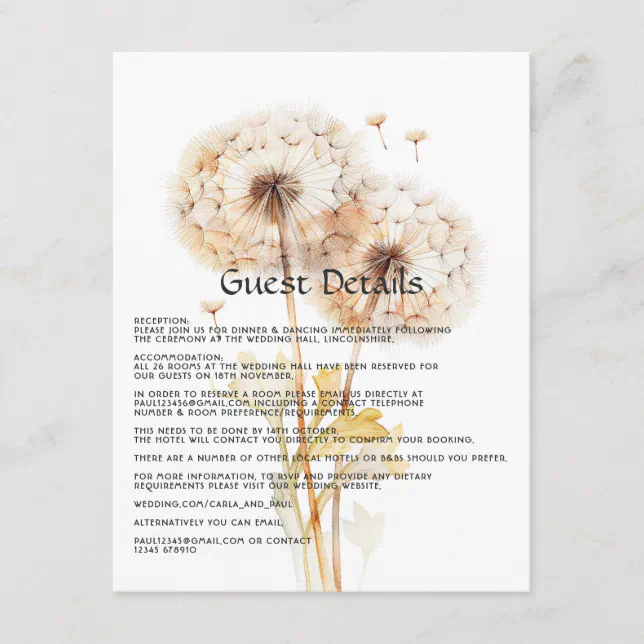 Watercolor Dandelion Wedding Guest Details Enclosure Card | Zazzle