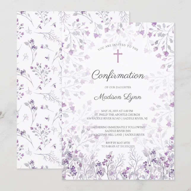 Watercolor Delicate Purple Flowers Confirmation Invitation | Zazzle