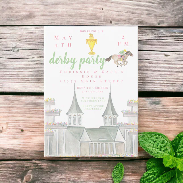 Watercolor Derby Party Jockey Building Gold Trophy Invitation | Zazzle
