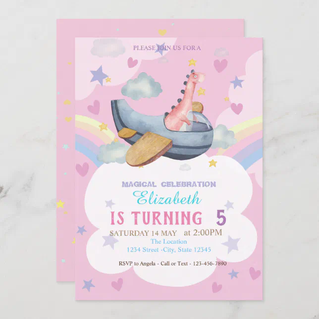 Watercolor Dino Airplane Rainbow Birthday Invitation | Zazzle