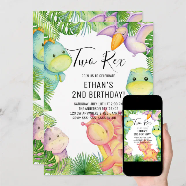 Watercolor Dinosaur Two Rex 2nd Birthday Invitation | Zazzle