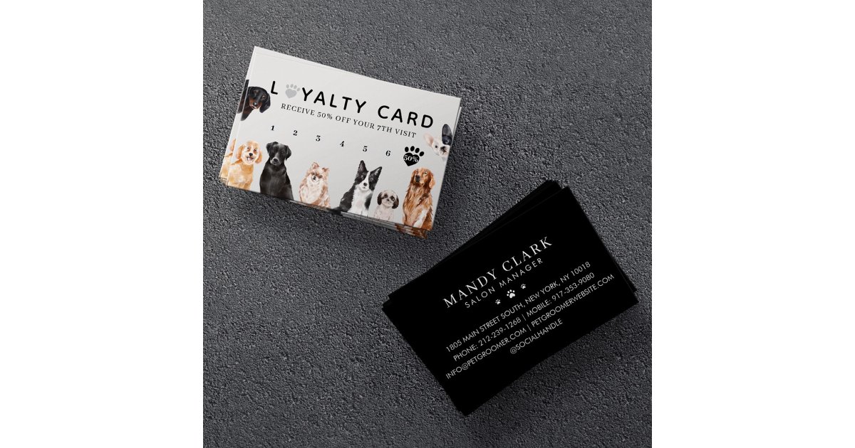 Watercolor Dog Breeds Pet Care & Grooming Loyalty Business Card | Zazzle
