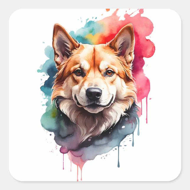 Watercolor Dog Splatter Art Portrait Ink Splash Square Sticker | Zazzle