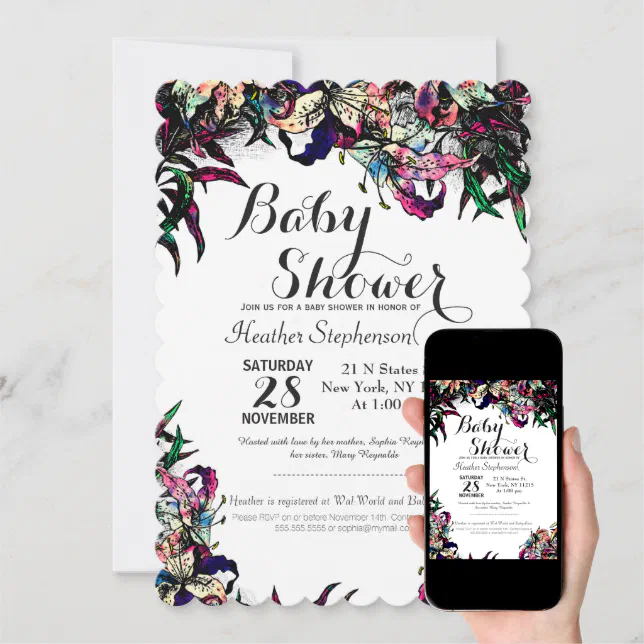 Watercolor Dragon Lilies Baby Shower Invitations | Zazzle