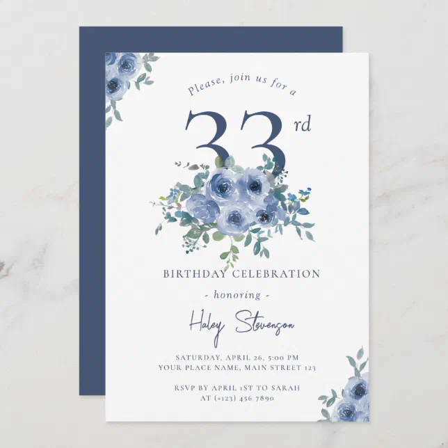 Watercolor Dusty Blue Floral 33rd Chic Birthday Invitation | Zazzle