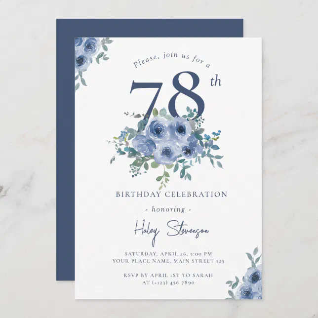 Watercolor Dusty Blue Floral 78th Chic Birthday Invitation | Zazzle
