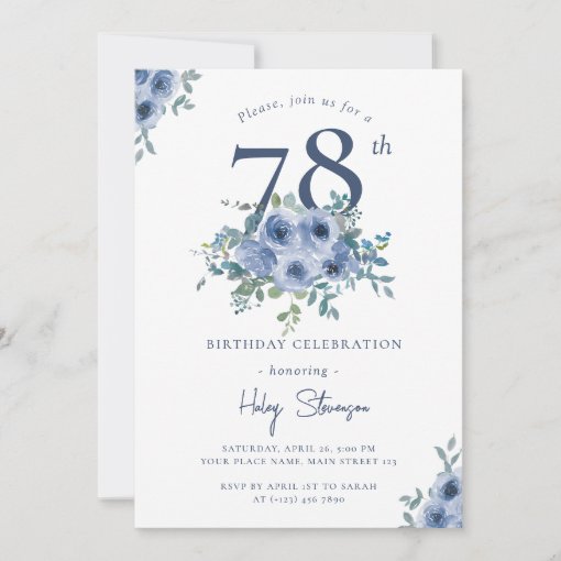 Watercolor Dusty Blue Floral 78th Chic Birthday Invitation | Zazzle