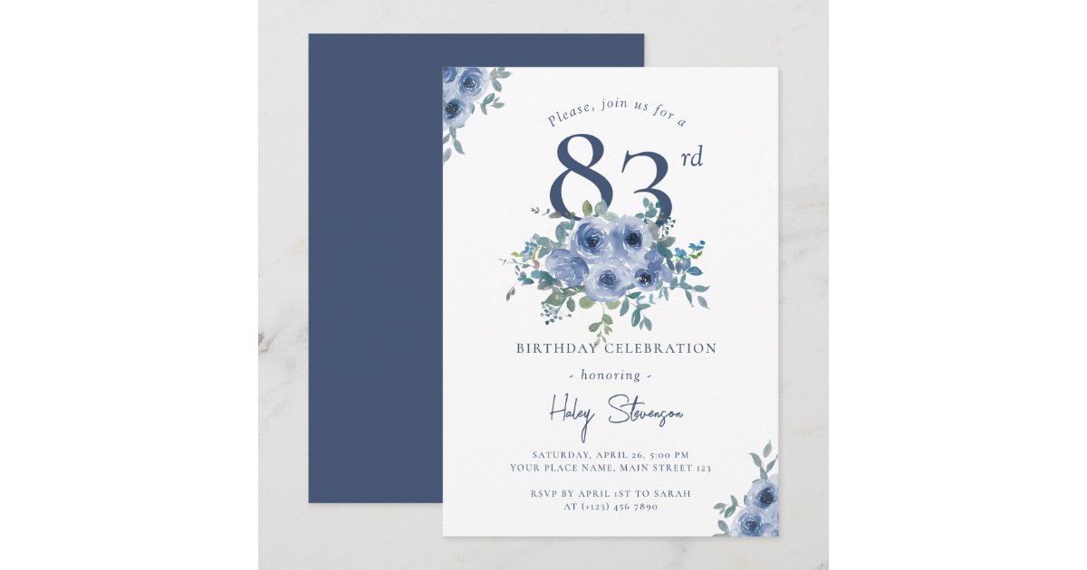 Watercolor Dusty Blue Floral 83rd Chic Birthday Invitation | Zazzle