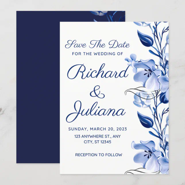 watercolor dusty blue floral navy blue wedding invitation | Zazzle