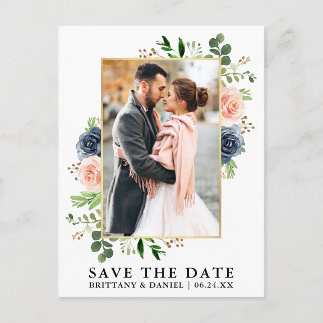 Watercolor Dusty Blue Pink Roses Save The Date Postcard | Zazzle