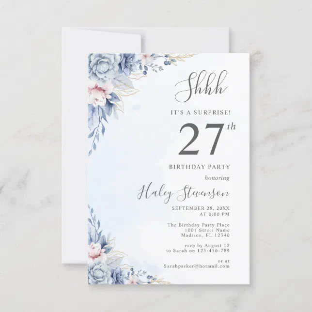 Watercolor Dusty Blue Surprise 27th Birthday Party Invitation | Zazzle