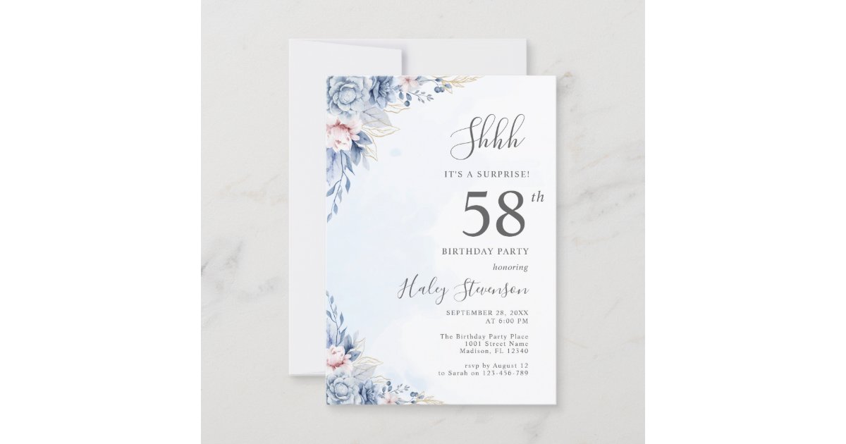 Watercolor Dusty Blue Surprise 58th Birthday Party Invitation | Zazzle