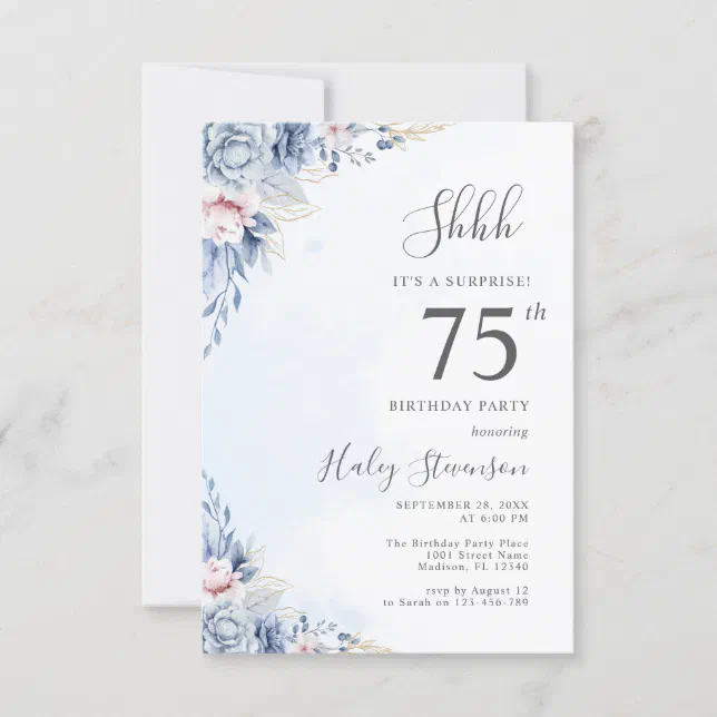 Watercolor Dusty Blue Surprise 75th Birthday Party Invitation | Zazzle