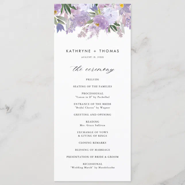 Watercolor Dusty Purple Flowers Wedding Ceremony Program | Zazzle