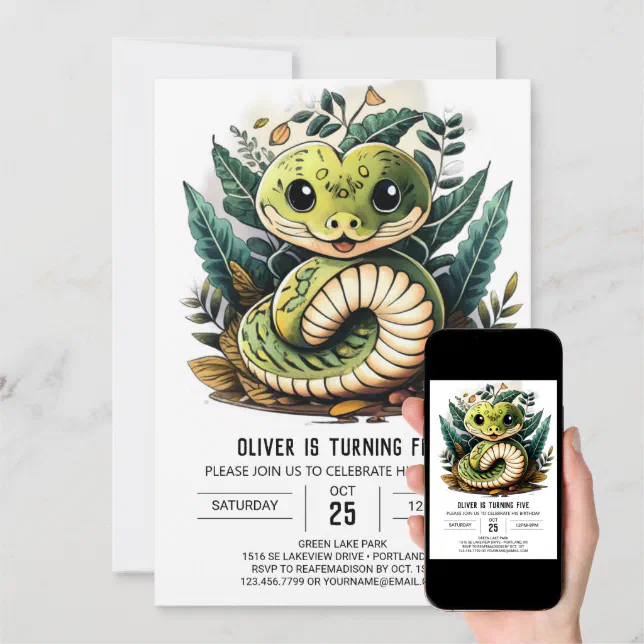Watercolor Editable Snake Kids Birthday Invitation | Zazzle