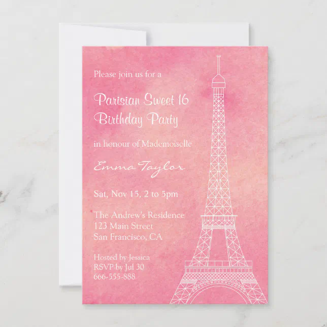 Watercolor Eiffel Tower Parisian Birthday Party Invitation | Zazzle