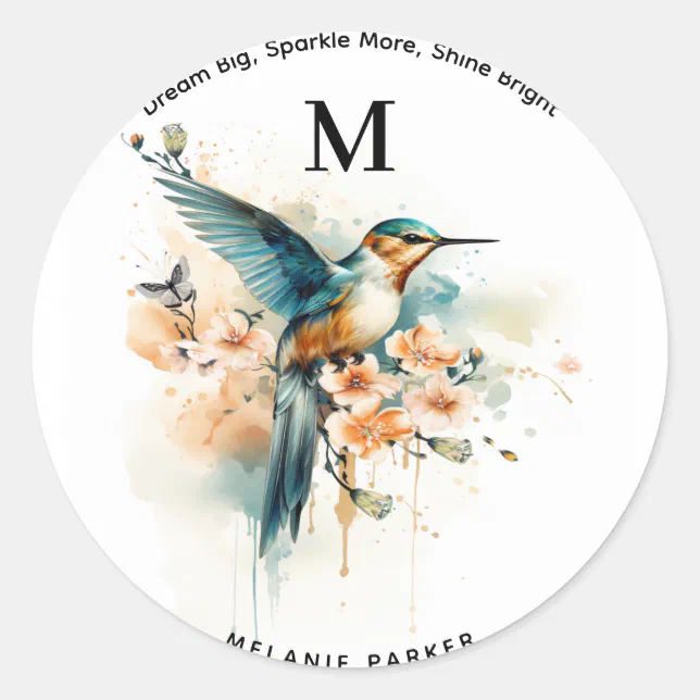Watercolor Elegant Hummingbird Monogram With Name Classic Round Sticker ...