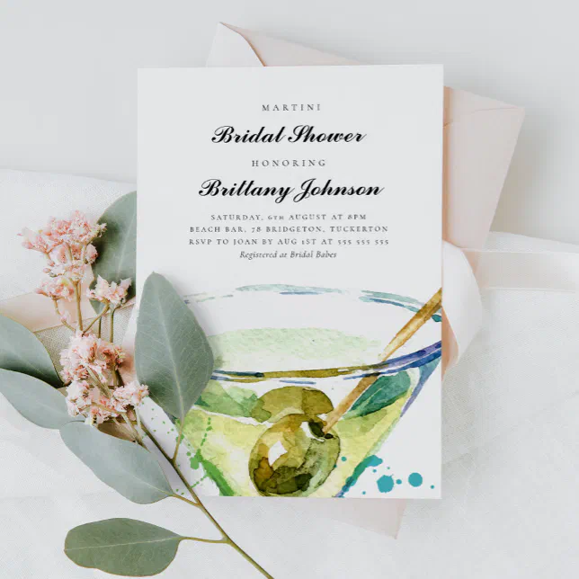 Watercolor Elegant Martini Bridal Shower Invitation | Zazzle