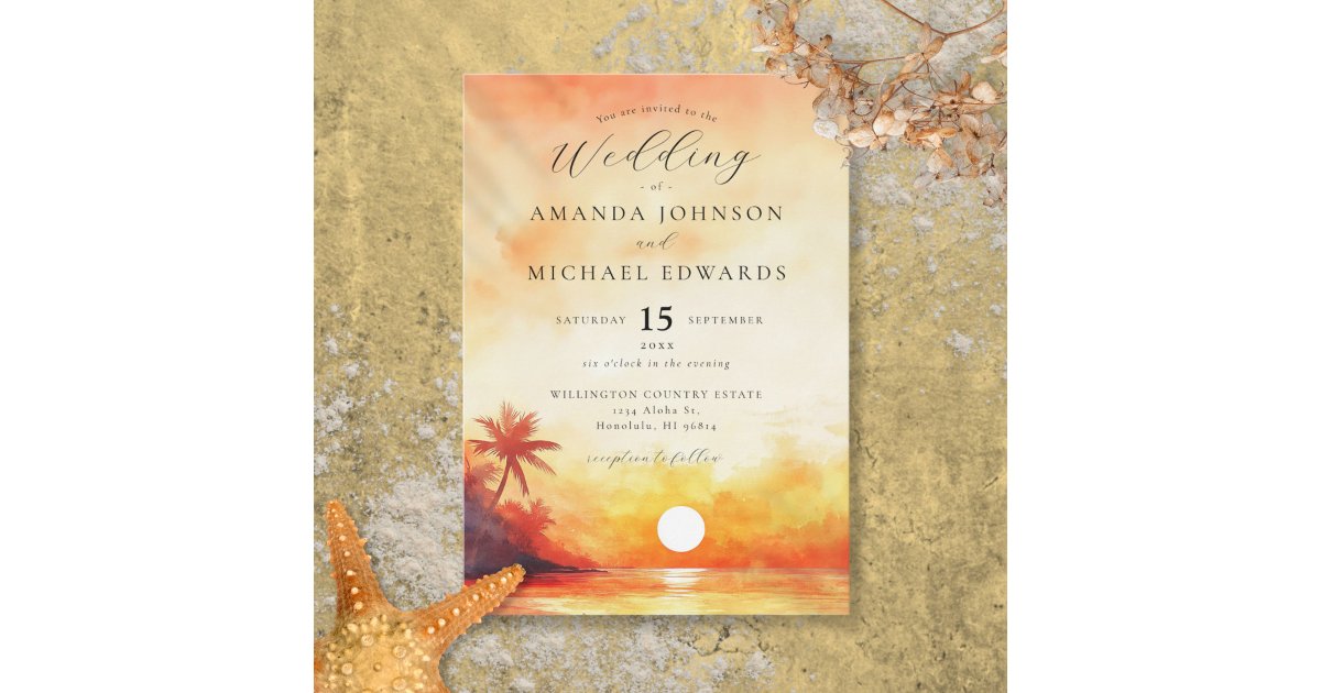 Watercolor Elegant Orange Beach Sunset Wedding Invitation | Zazzle