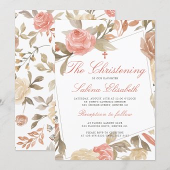 Watercolor Elegant Pink Floral Christening Invitation | Zazzle