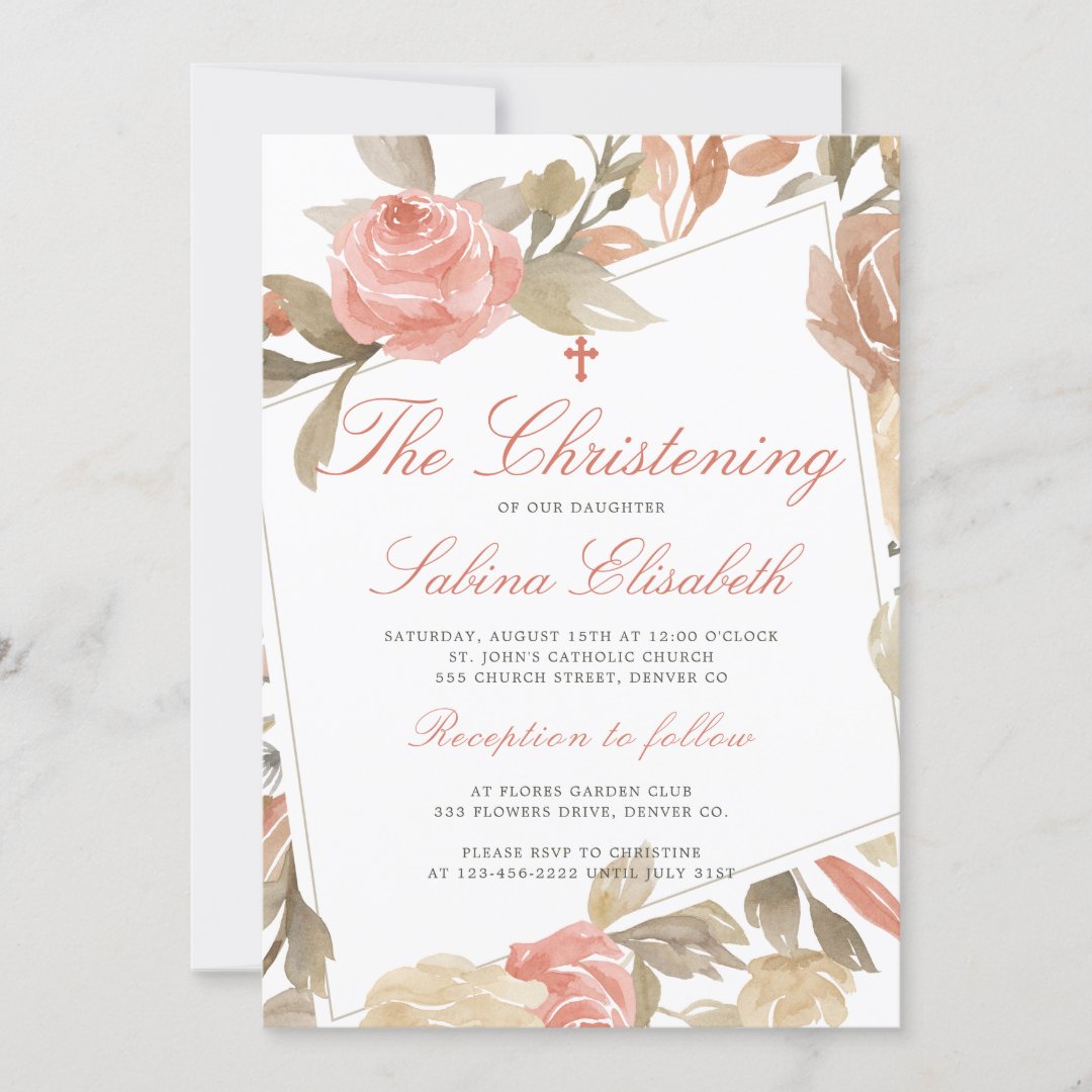 Watercolor Elegant Pink Floral Christening Invitation | Zazzle