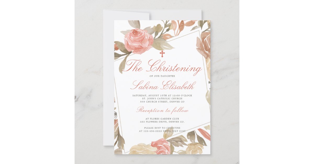 Watercolor Elegant Pink Floral Christening Invitation | Zazzle