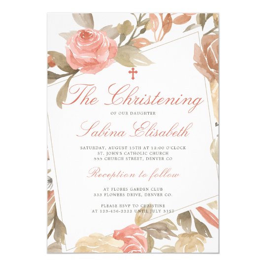 Watercolor Elegant Pink Floral Christening Invitation | Zazzle.com