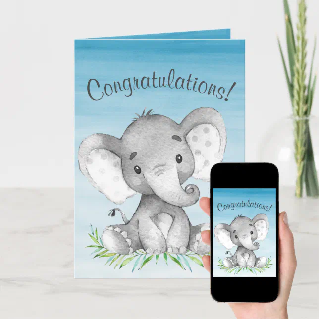 Watercolor Elephant Boy Congratulations Card | Zazzle
