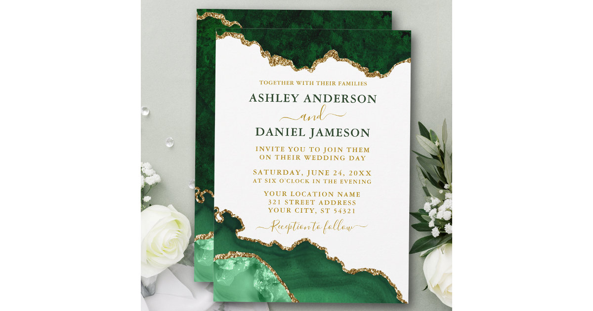 Watercolor Emerald Green Gold Marble Geode Wedding Invitation | Zazzle