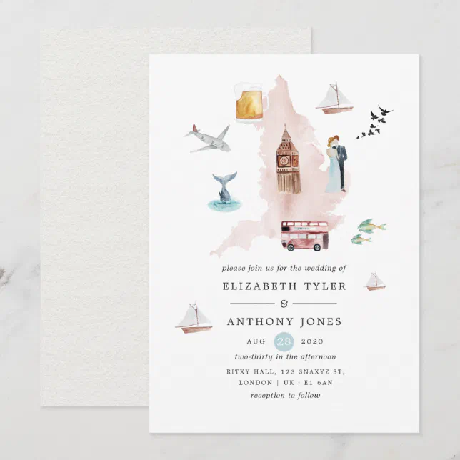 Watercolor England UK London Destination Wedding Invitation | Zazzle