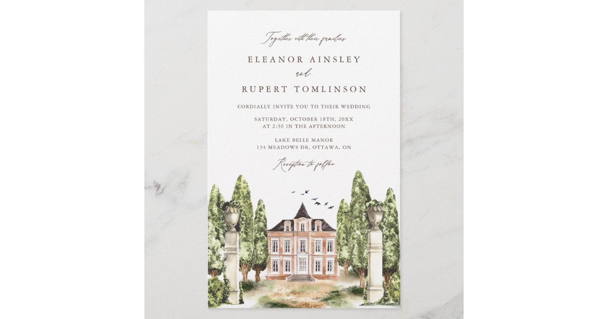 Watercolor English Manor House Wedding Invitation | Zazzle