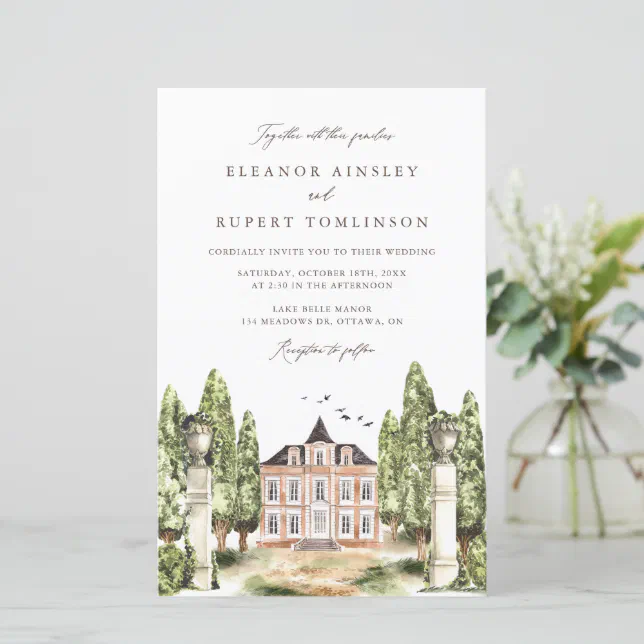 Watercolor English Manor House Wedding Invitation | Zazzle