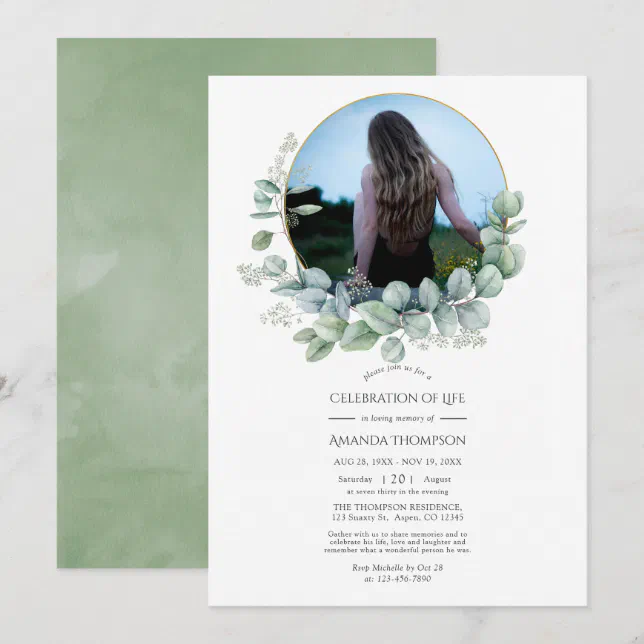 Watercolor Eucalyptus Celebration of Life Photo Invitation | Zazzle