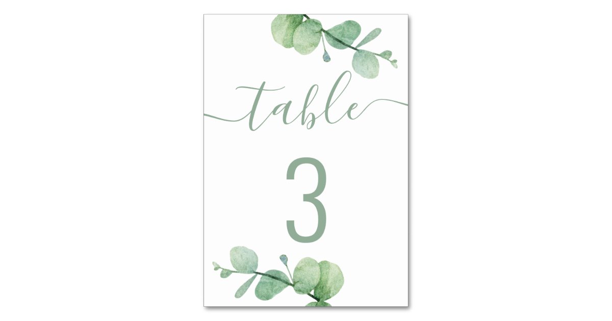 Watercolor eucalyptus. Elegant script wedding Table Number | Zazzle