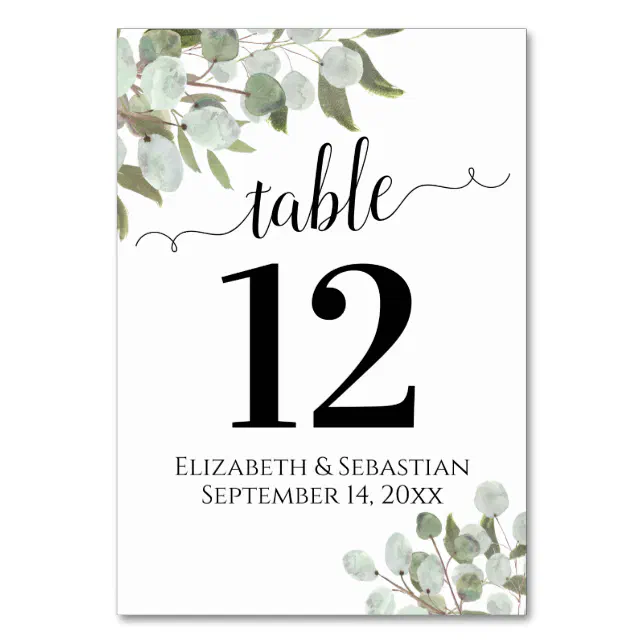 Watercolor Eucalyptus Foliage Elegant Boho Wedding Table Number | Zazzle