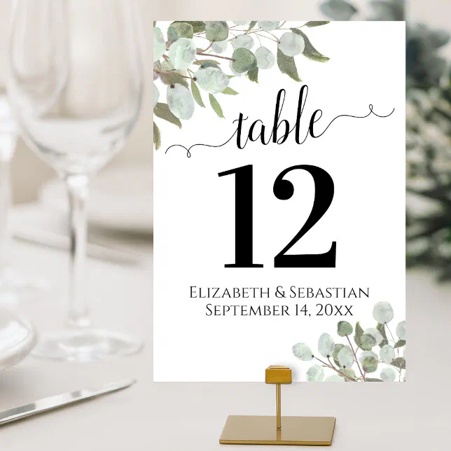 Watercolor Eucalyptus Foliage Elegant Boho Wedding Table Number | Zazzle