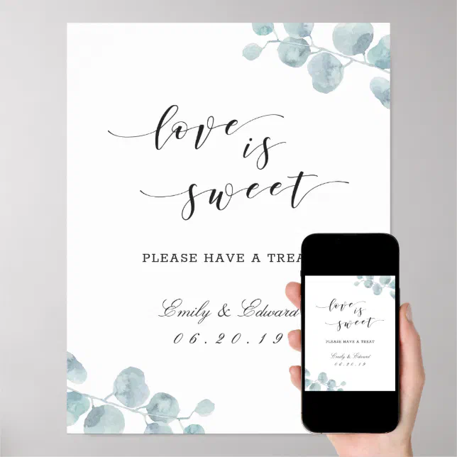 Watercolor Eucalyptus Garden Wedding Dessert Table Poster | Zazzle